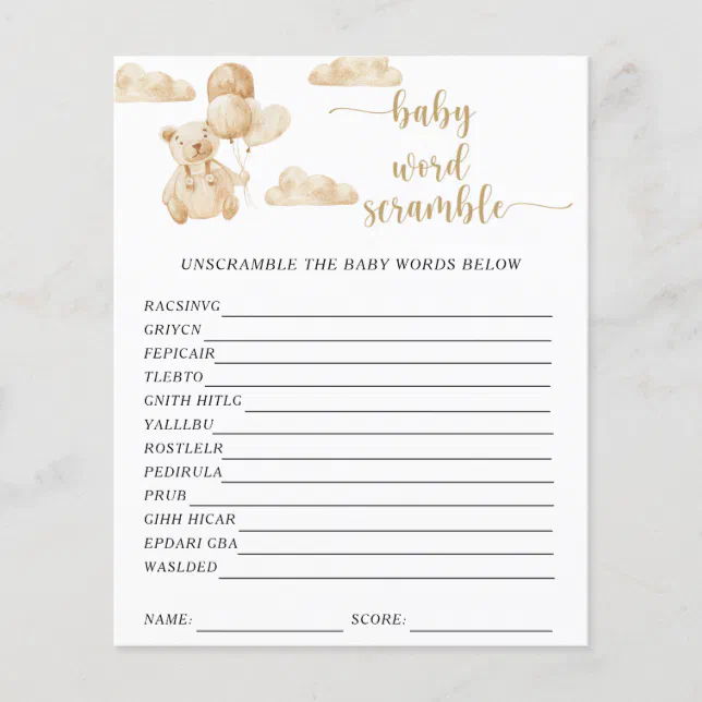 Bear Baby Word Scramble | Baby Shower Game | Zazzle