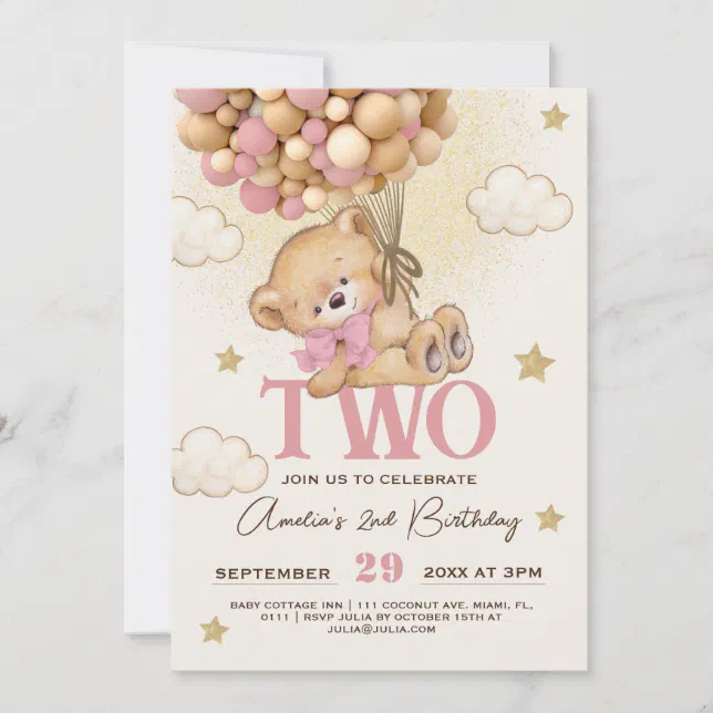 Bear Balloons Baby Girl 2nd Birthday Invitation | Zazzle
