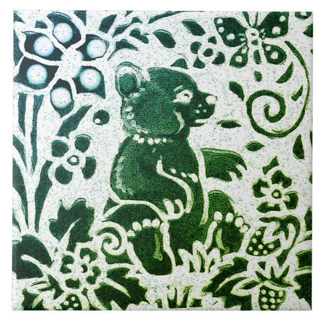 Bear Batik Modern Green Blue Floral Woodland Art Ceramic Tile | Zazzle
