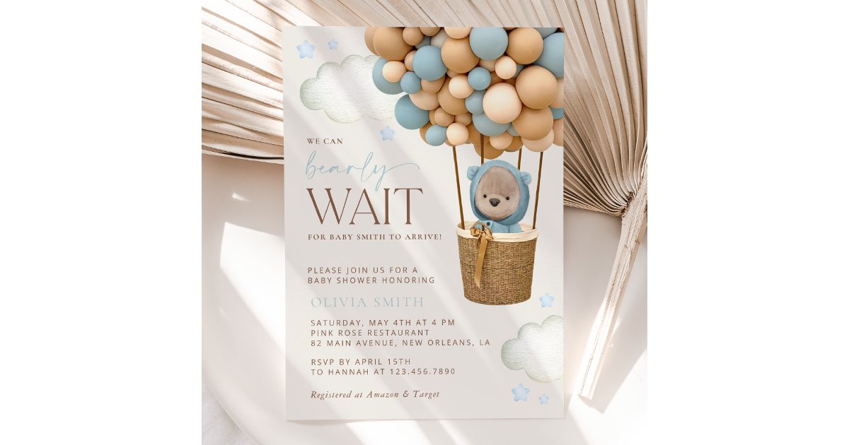 Bear, Blue Balloons, Hot Air Balloon, Baby Shower Invitation | Zazzle