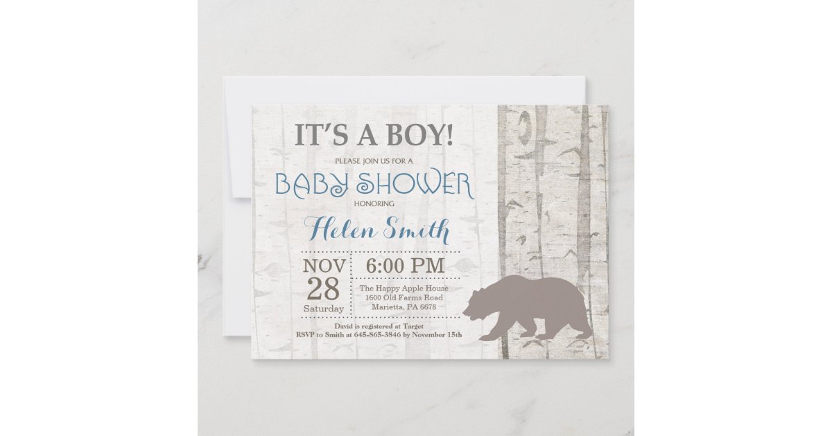 Bear Boy Baby Shower Invitation Rustic Woodland | Zazzle