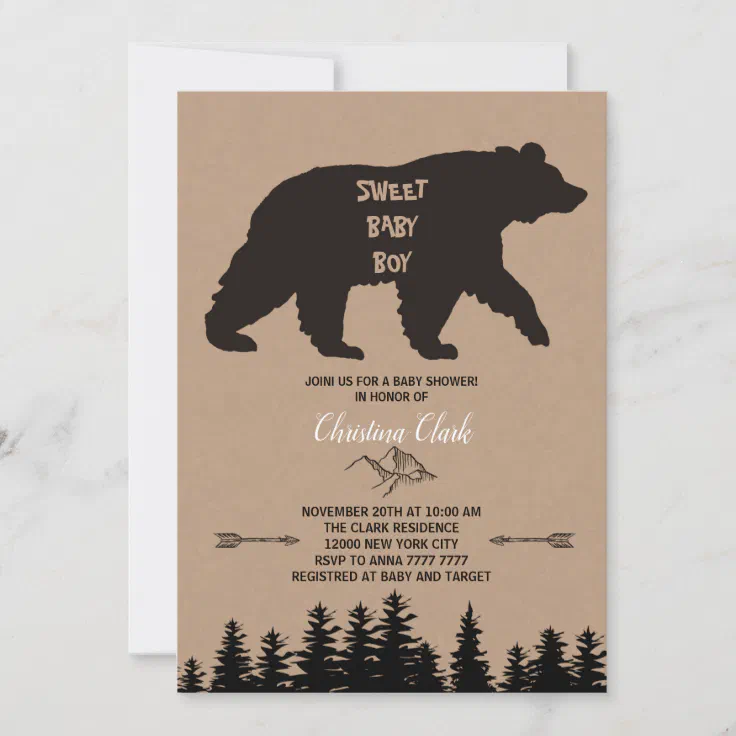 Bear Boy Baby Shower Rustic Woodland Kraft Invitation | Zazzle