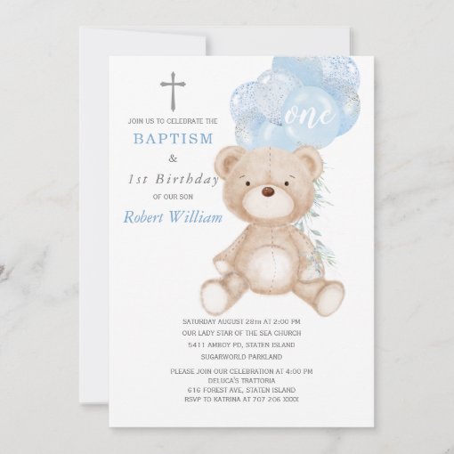 Bear Boy First Birthday and Baptism Invitation | Zazzle