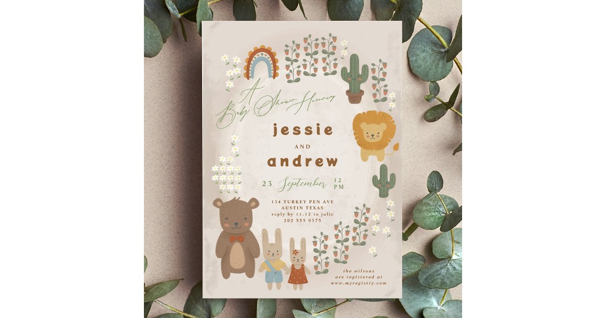 bear bunny lion cactus woodland unisex Baby Shower Invitation | Zazzle