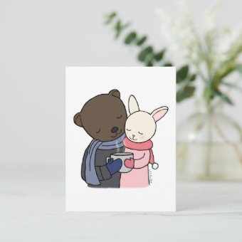 Bear & Bunny Postcard Bear Bunny Love Art card | Zazzle