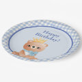 Bear Cub Blue Checker Happy Birthday Paper Plates | Zazzle