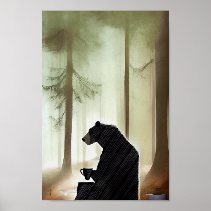 Bear Drinking Coffee in the Woods Poster | Zazzle