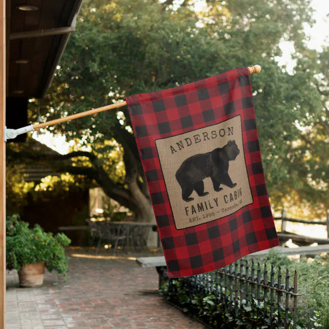 Bear Family Cabin Red Buffalo Plaid Burlap House Flag | Zazzle