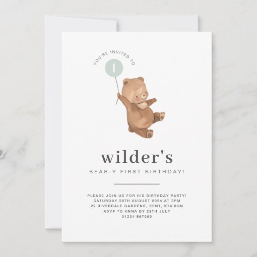 Bear First Birthday Invitation Green Balloon | Zazzle