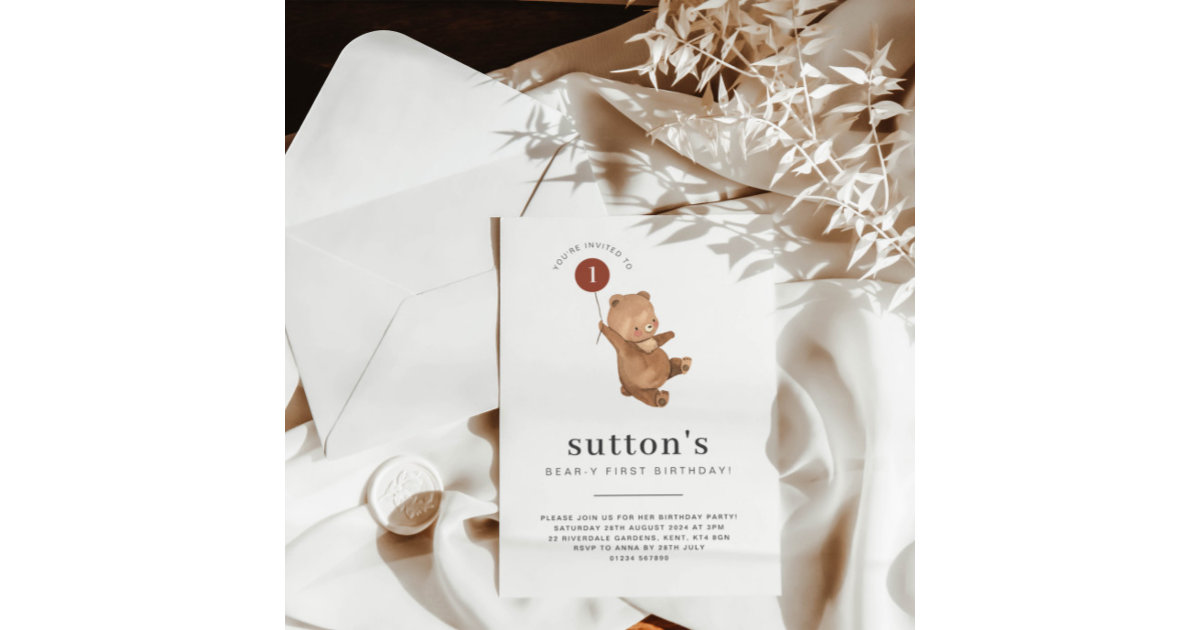 Bear First Birthday Invitation Rust Balloon | Zazzle