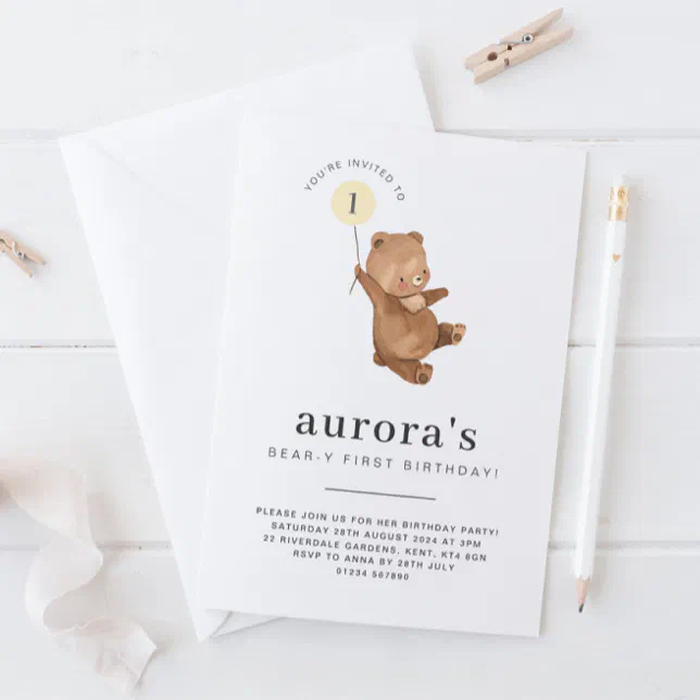 Bear First Birthday Invitation Yellow Balloon | Zazzle