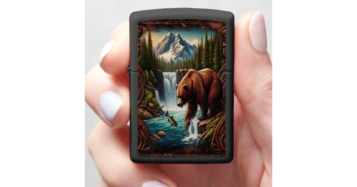 Bear Fishing by Waterfall Zippo Lighter | Zazzle