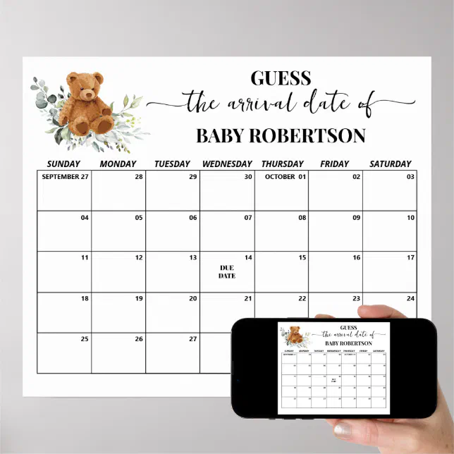 Bear Greenery Baby Shower Guess Due Date Calendar Poster | Zazzle