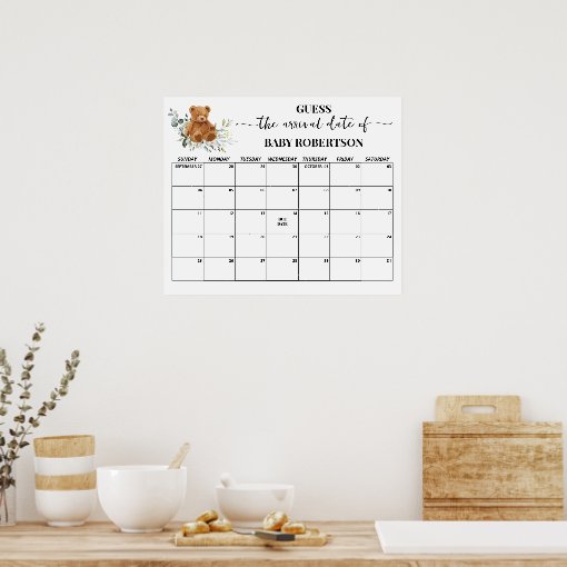Bear Greenery Baby Shower Guess Due Date Calendar Poster | Zazzle