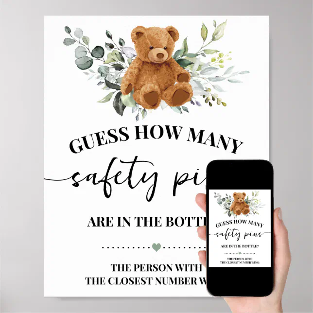 Bear Greenery How Many Safety Pin Baby Shower Game Poster | Zazzle