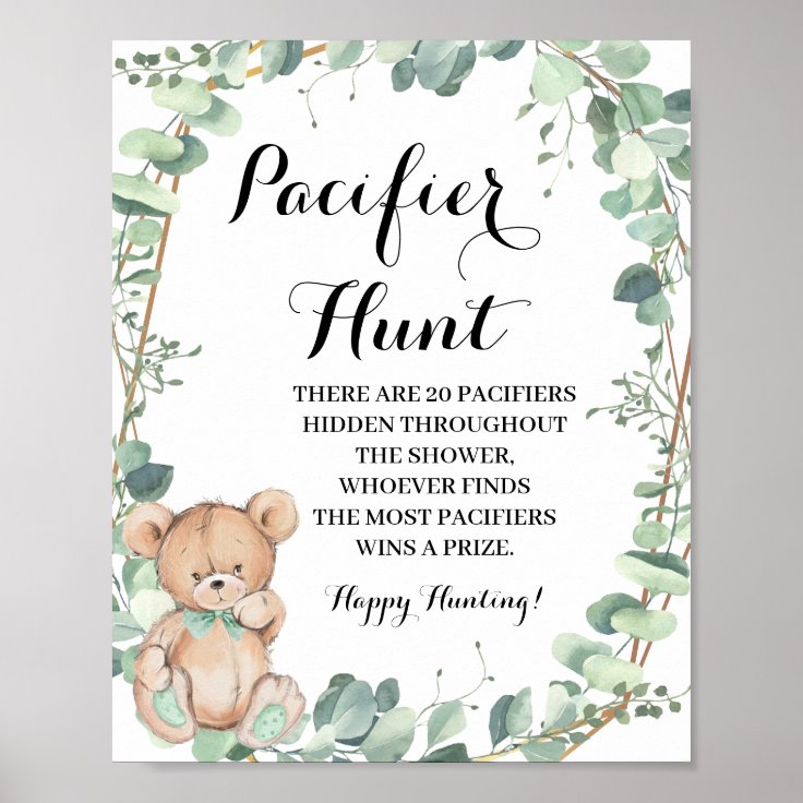 Bear Greenery Pacifier hunt Baby Shower Game Sign | Zazzle