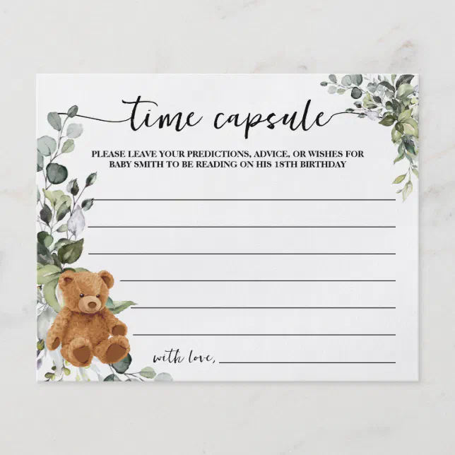Bear Greenery Time Capsule Baby Shower Advice Card Flyer | Zazzle