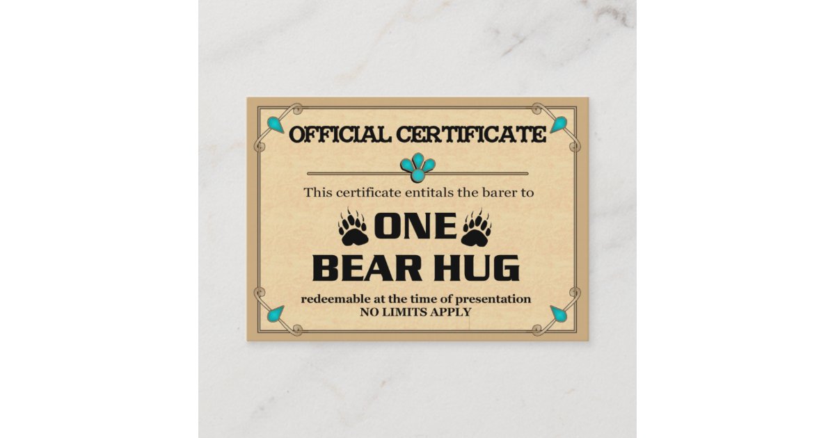BEAR HUG Certificate Cards | Zazzle