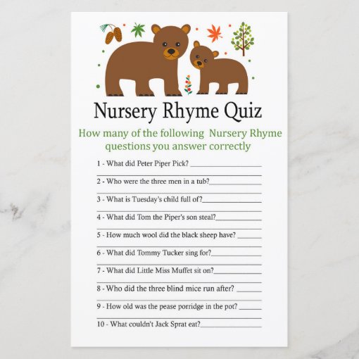 Bear Nursery Rhyme Quiz baby shower game | Zazzle