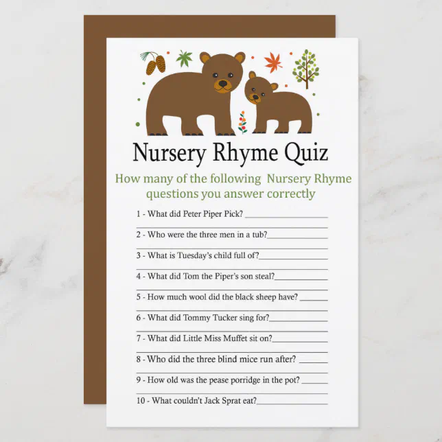 Bear Nursery Rhyme Quiz baby shower game | Zazzle