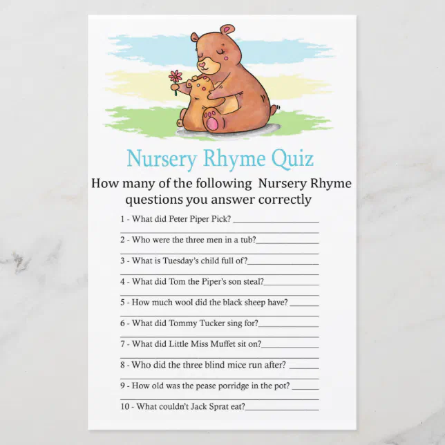 Bear Nursery Rhyme Quiz baby shower game | Zazzle