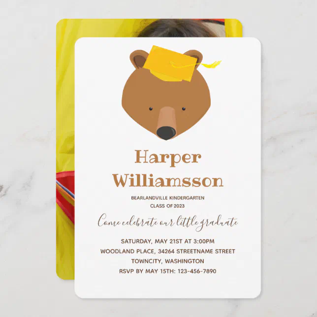 Bear Photo Kindergarten Graduation Invitation | Zazzle