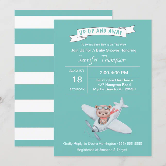 Bear Pilot and Airplane Baby Shower Invitation | Zazzle