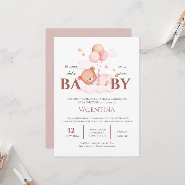 Bear Spanish Baby Shower Girl invitation | Zazzle