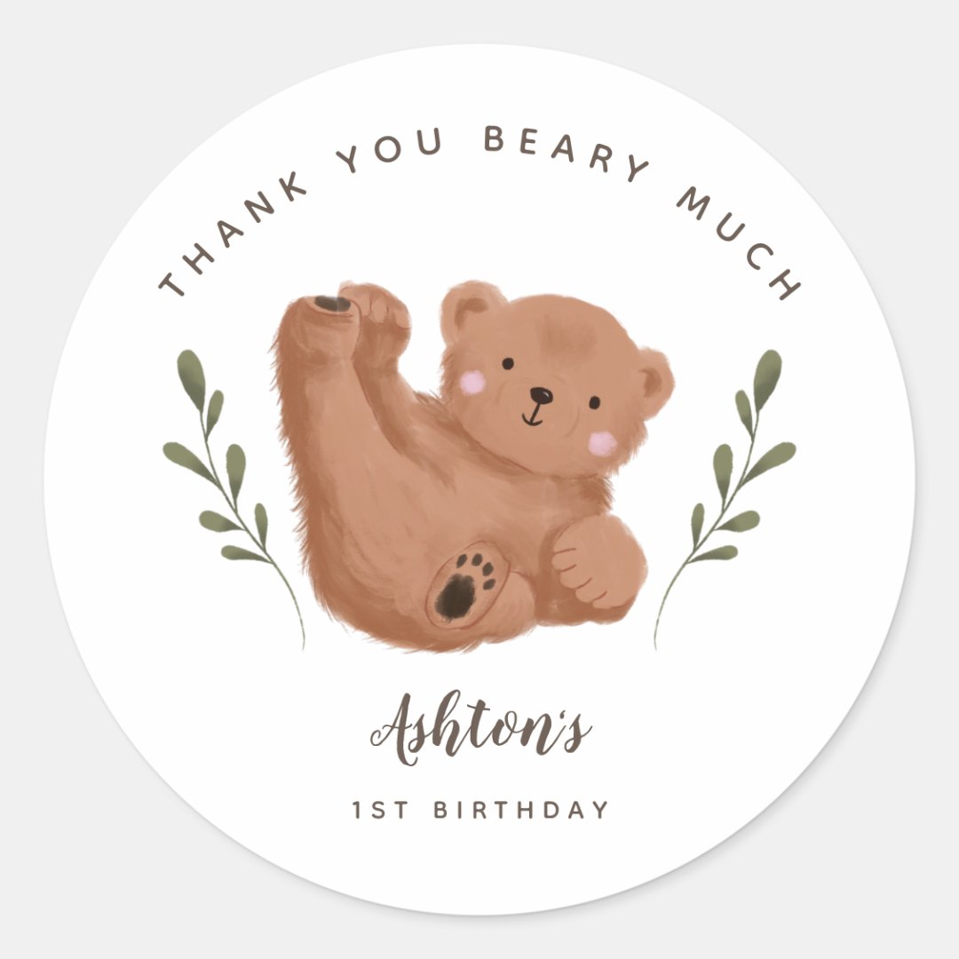 Bear Thank You Beary Much Boy Birthday Party Classic Round Sticker | Zazzle