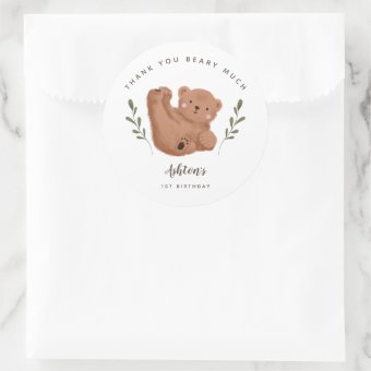 Bear Thank You Beary Much Boy Birthday Party Classic Round Sticker | Zazzle