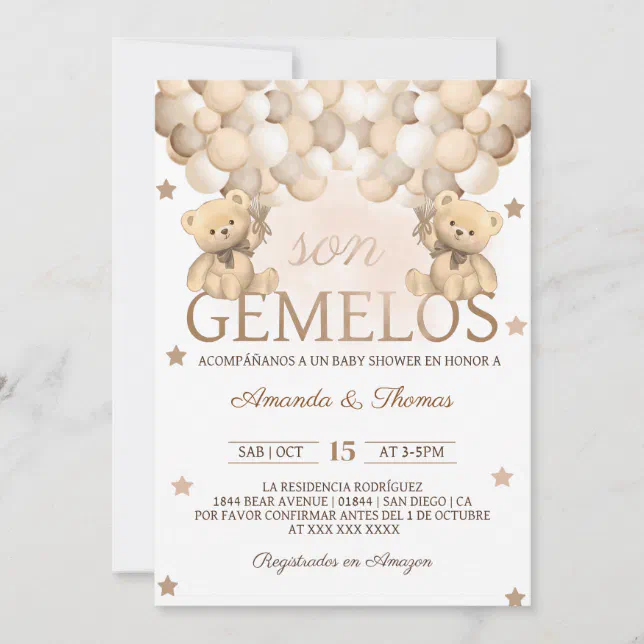 Bear Twins Spanish Gemelos Baby Shower Invitation | Zazzle