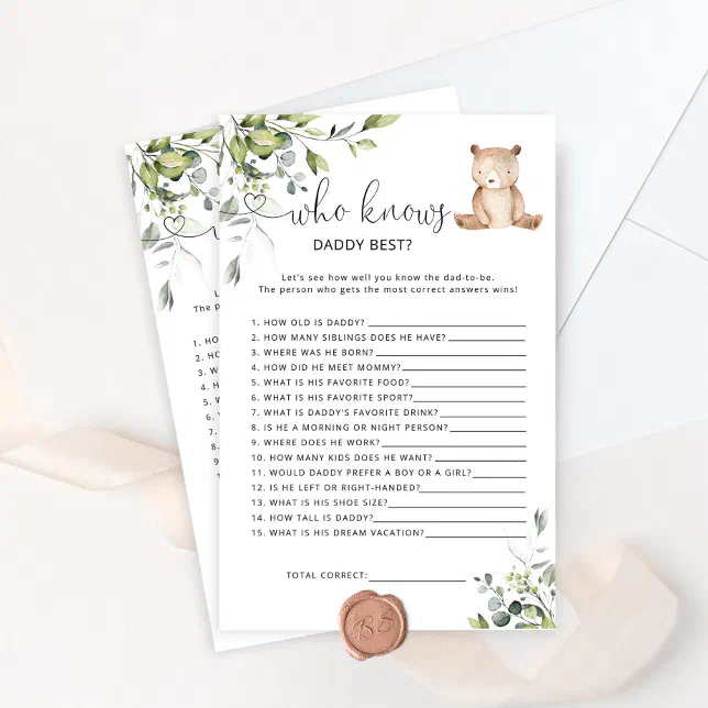 Bear Who knows daddy best baby shower game | Zazzle