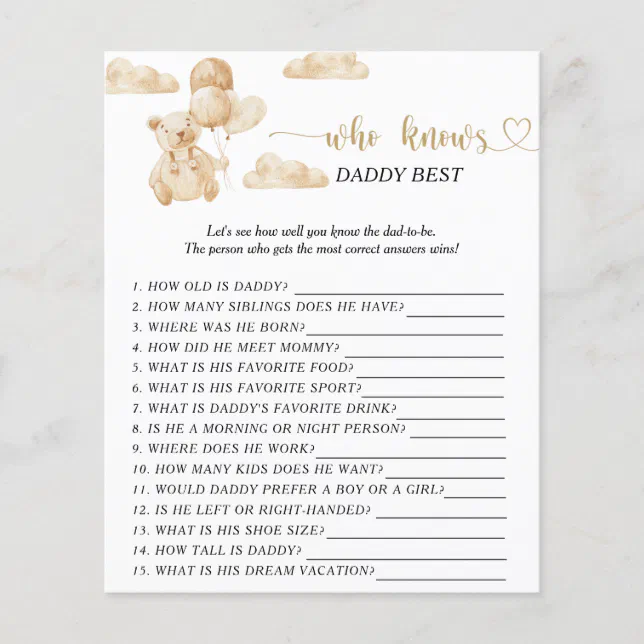 Bear Who knows daddy best game | Zazzle
