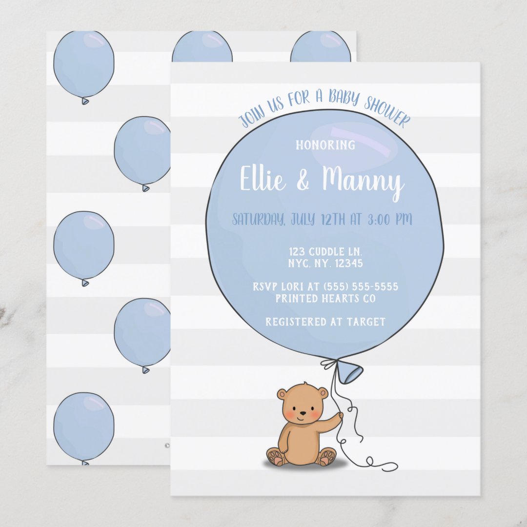 Bear with Balloon Baby Shower Invitation | Blue | Zazzle