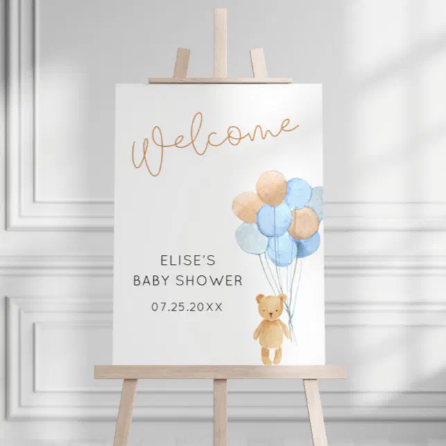 Bear with Blue and Tan Balloons Welcome Sign | Zazzle