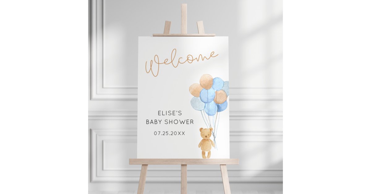 Bear with Blue and Tan Balloons Welcome Sign | Zazzle