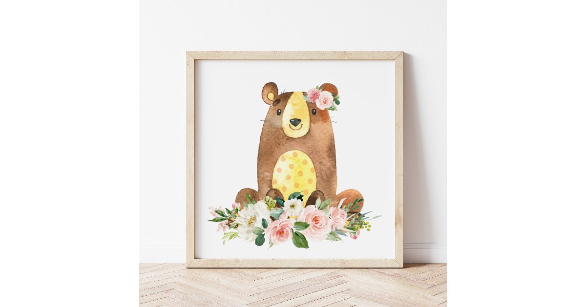 Bear, Woodland Animals, Boho, Pink Flowers Poster | Zazzle