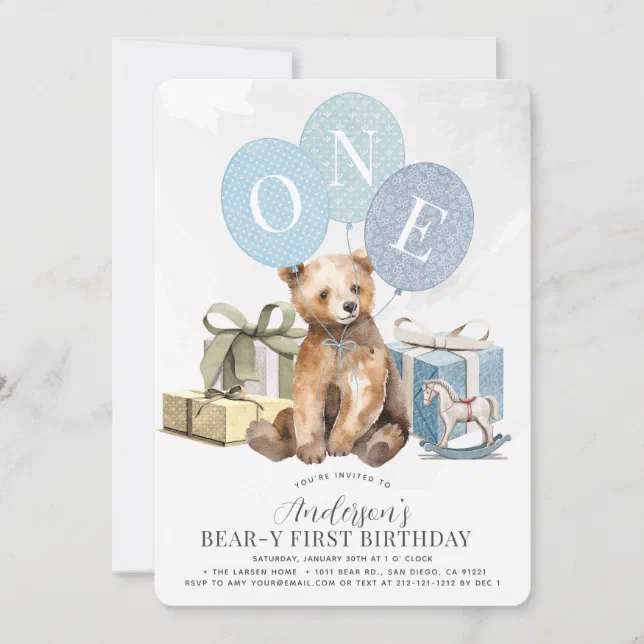 Bear-y 1st Birthday Bear Blue Balloon Boy Invitation | Zazzle