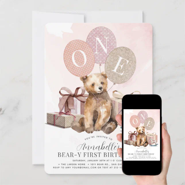 Bear-y 1st Birthday Bear Pink Balloon Girl Invitation | Zazzle