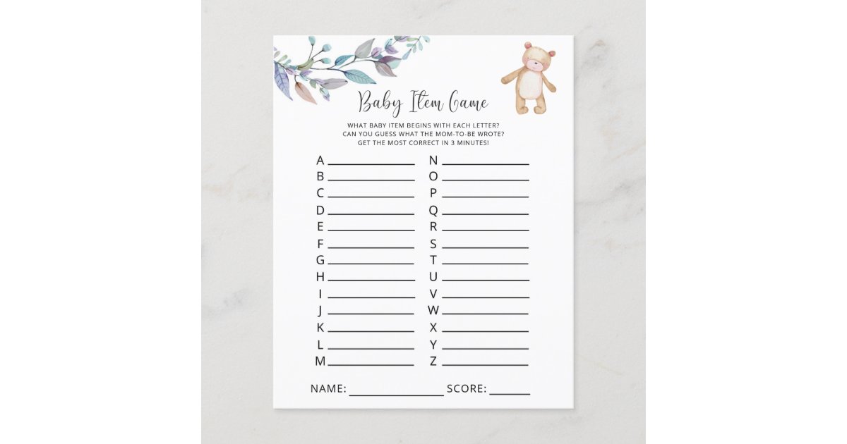 Bearly Baby Item Game. Baby Shower Game | Zazzle