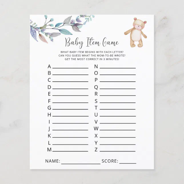 Bearly Baby Item Game. Baby Shower Game | Zazzle