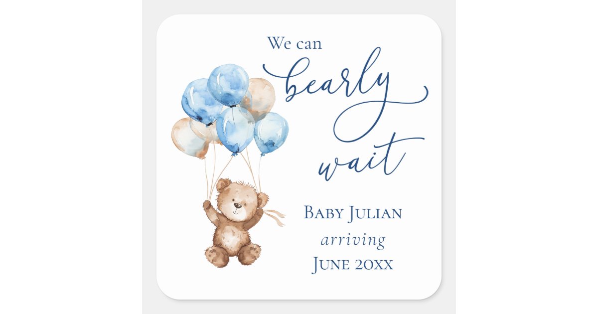 Bearly Wait Blue Teddy Bear Baby Shower Square Sticker | Zazzle