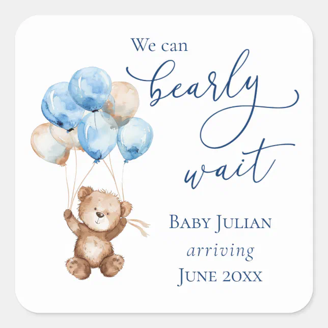 Bearly Wait Blue Teddy Bear Baby Shower Square Sticker | Zazzle