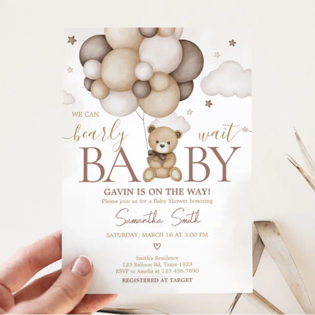 Bearly Wait Brown Balloon Baby Shower Invitation | Zazzle