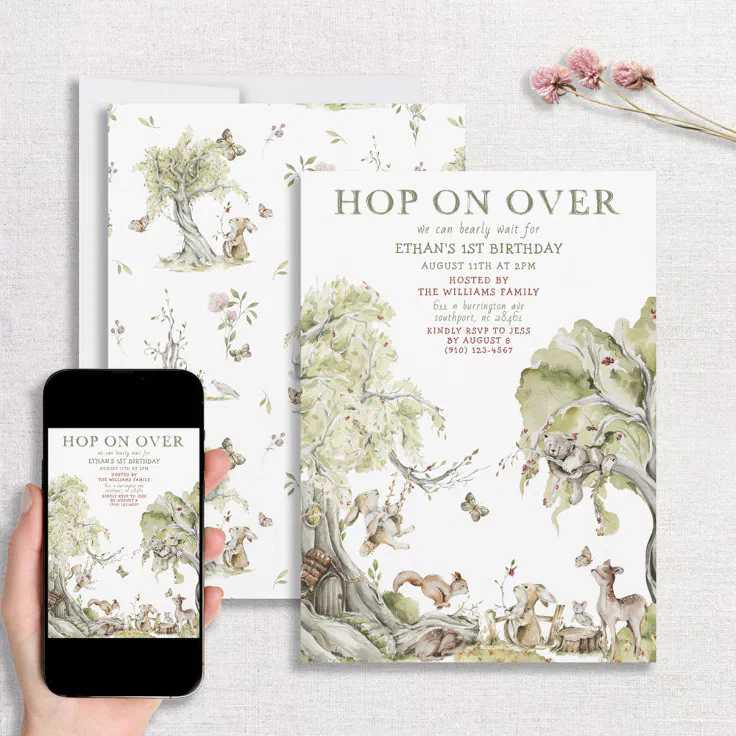 Bearly Wait Hop on Over Woodland 1st Birthday Invitation | Zazzle