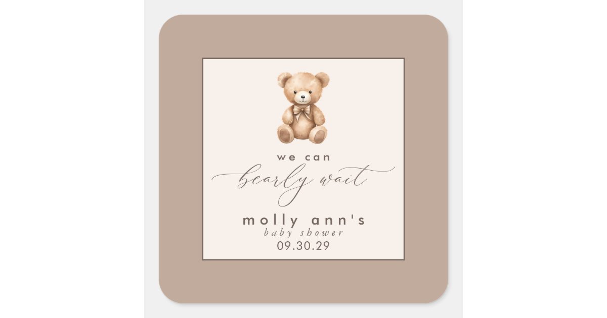 Bearly Wait Neutral Simple Baby Shower Square Sticker | Zazzle
