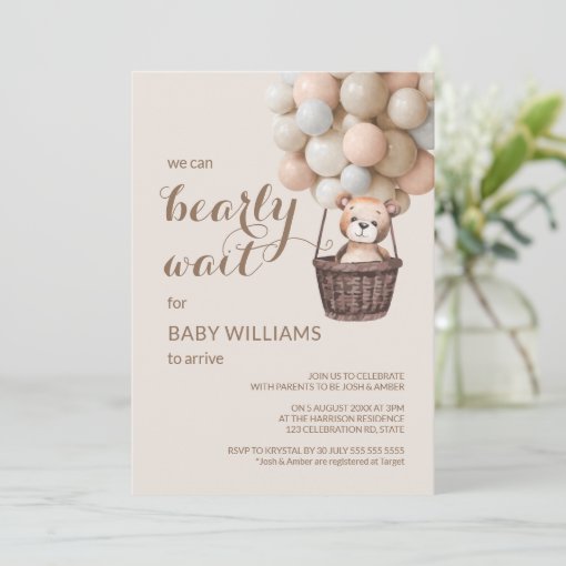 Bearly Wait Teddy Balloons Girl Baby Shower Invitation | Zazzle