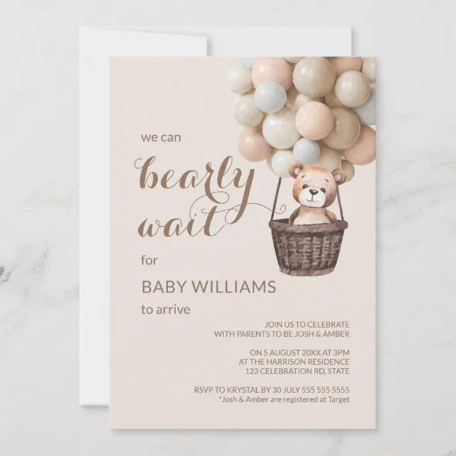 Bearly Wait Teddy Balloons Girl Baby Shower Invitation | Zazzle