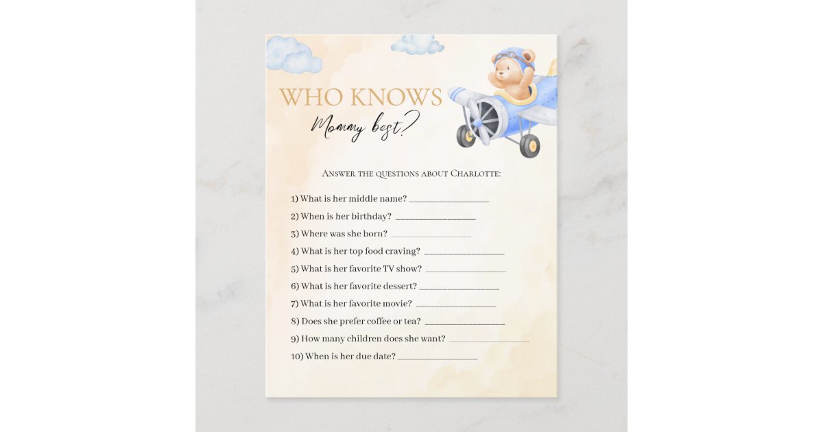 Bearly Wait Who Knows Mommy Baby Shower Game Card | Zazzle
