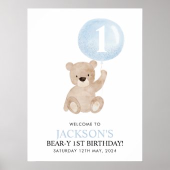 Beary 1st Birthday Bear Blue Balloon Welcome Sign | Zazzle